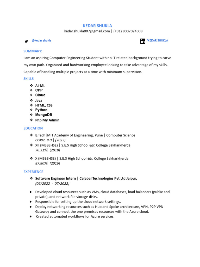 Kedar Shukla Resume | PDF | Cloud Computing | My Sql