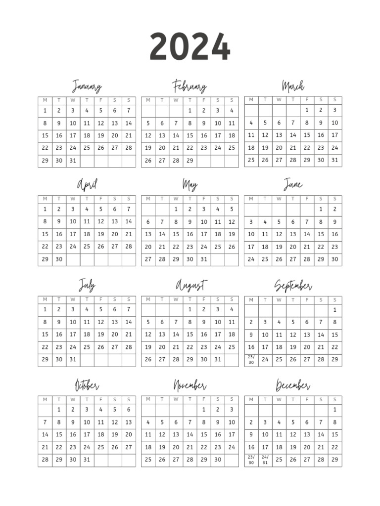 Black and White Simple Personal 2024 Year Calendar Planner - Organized ...