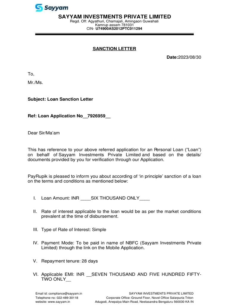Sanction Letter 7926959 | Download Free PDF | Loans | Interest
