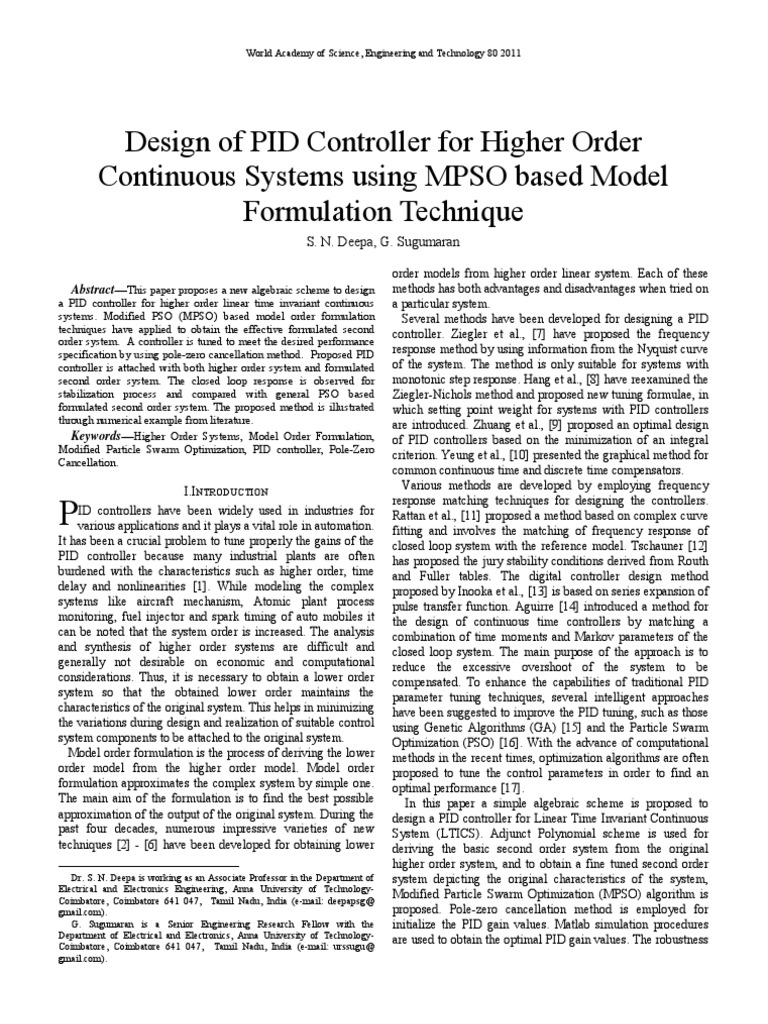 Design of PID Controller For Higher Order Continuous Systems Using MPSO Based Model Formulation ...
