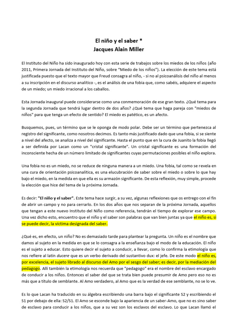 Jacques Alain Miller - El Niño y El Saber | PDF | Psicoanálisis ...