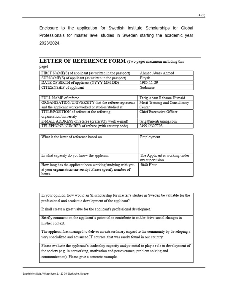 Swedish Institute Scholarship Ref. | PDF | Sweden