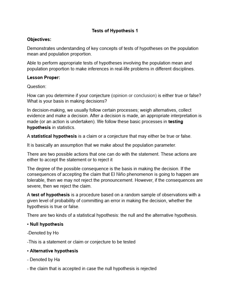 Hypothesis Testing: Concepts & Examples | PDF | Statistical Hypothesis ...