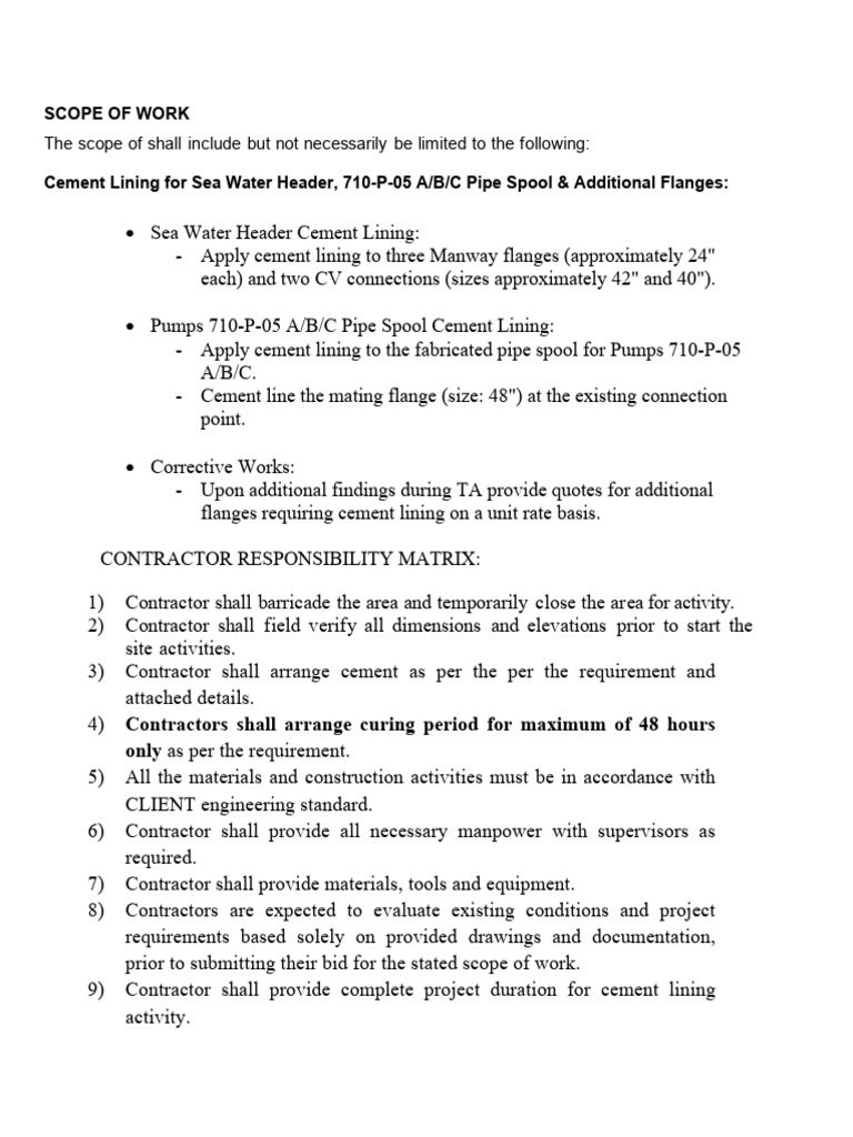 SCOPE OF WORK - Cement Lining | PDF | General Contractor | Pipe (Fluid ...