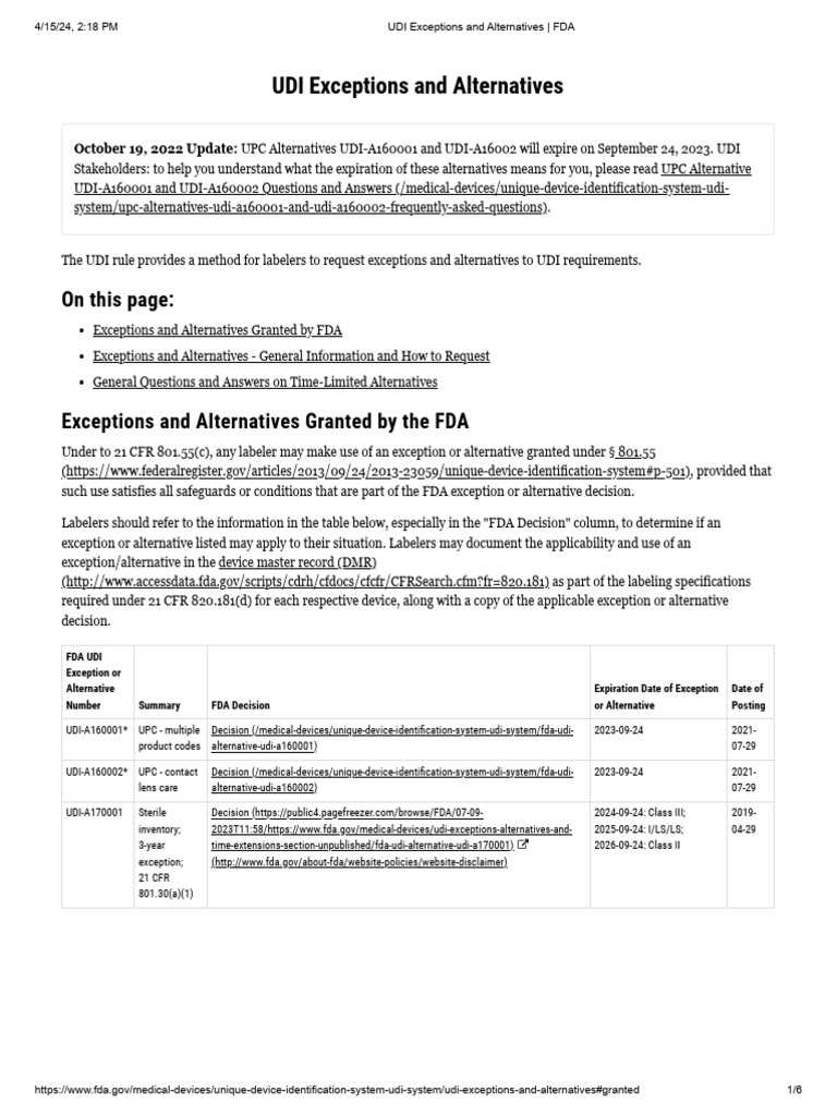 UDI Exceptions and Alternatives - FDA | PDF | Medical Device
