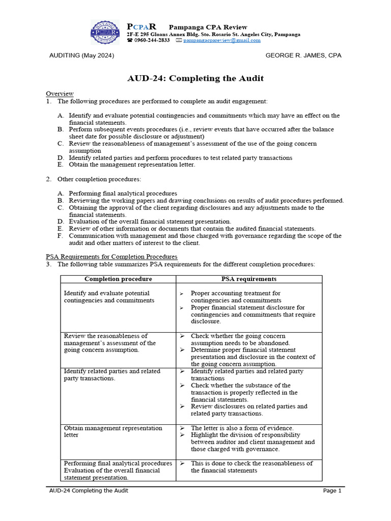 PCPAR AUD 24 Completing The Audit May 2024 Clean | PDF | Auditor's Report | Financial Audit