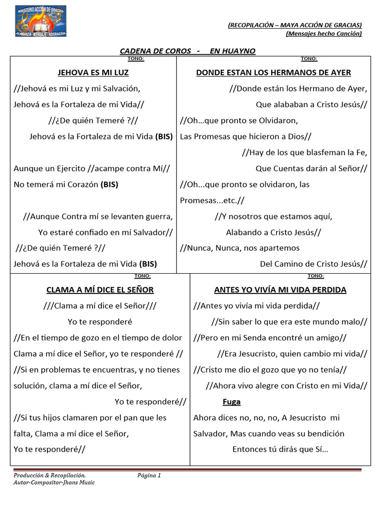 Repertorio Canciones HUAYNO-LETRAS-COROS JHANS | PDF | Cristo (título ...