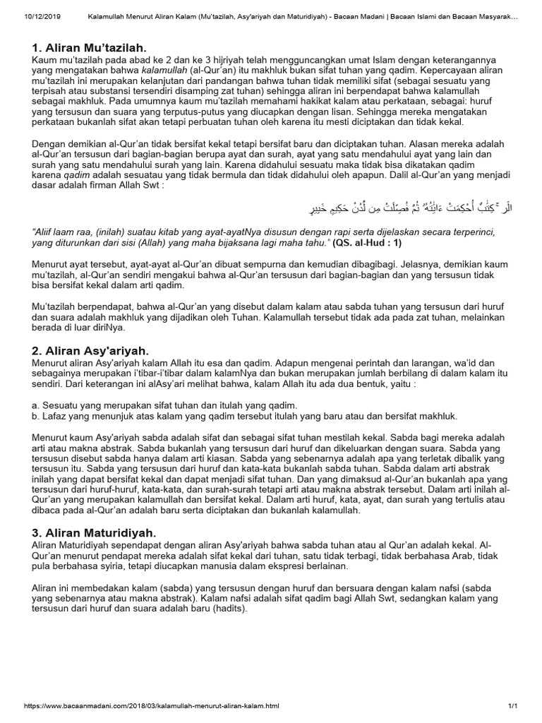 Kalamullah Menurut Aliran Kalam (Mu'tazilah, Asy'ariyah Dan Maturidiyah ...