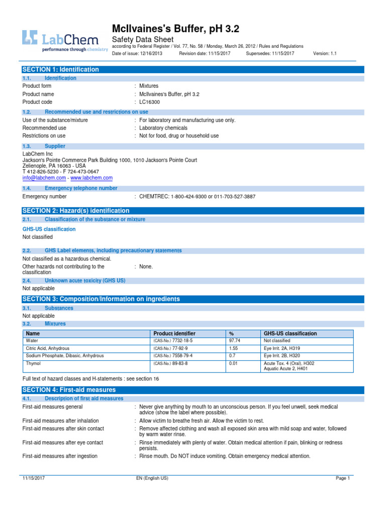McIlvaine Buffer Safety Data Sheet | PDF | Buffer Solution | Toxicity