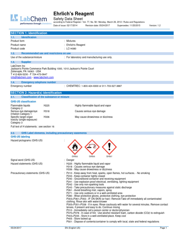 LC14080_Ehrlichs Reagent | PDF | Firefighting | Toxicity