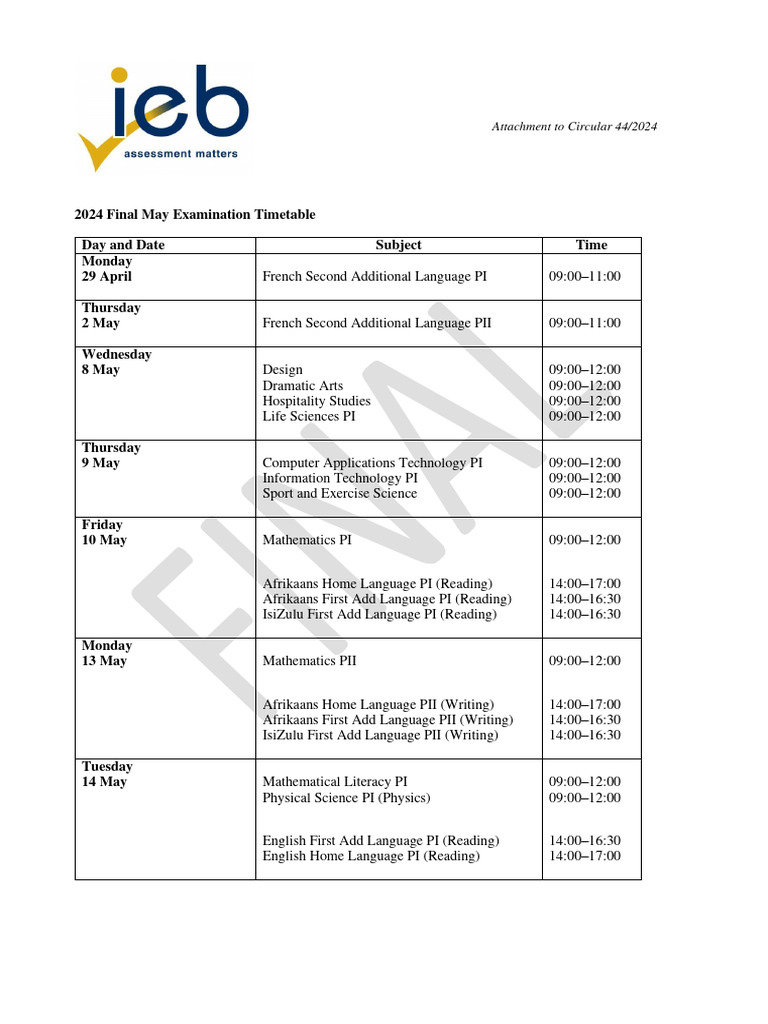 NSC Attachment Final Timetable May Examination 2024 | PDF | Mathematics ...