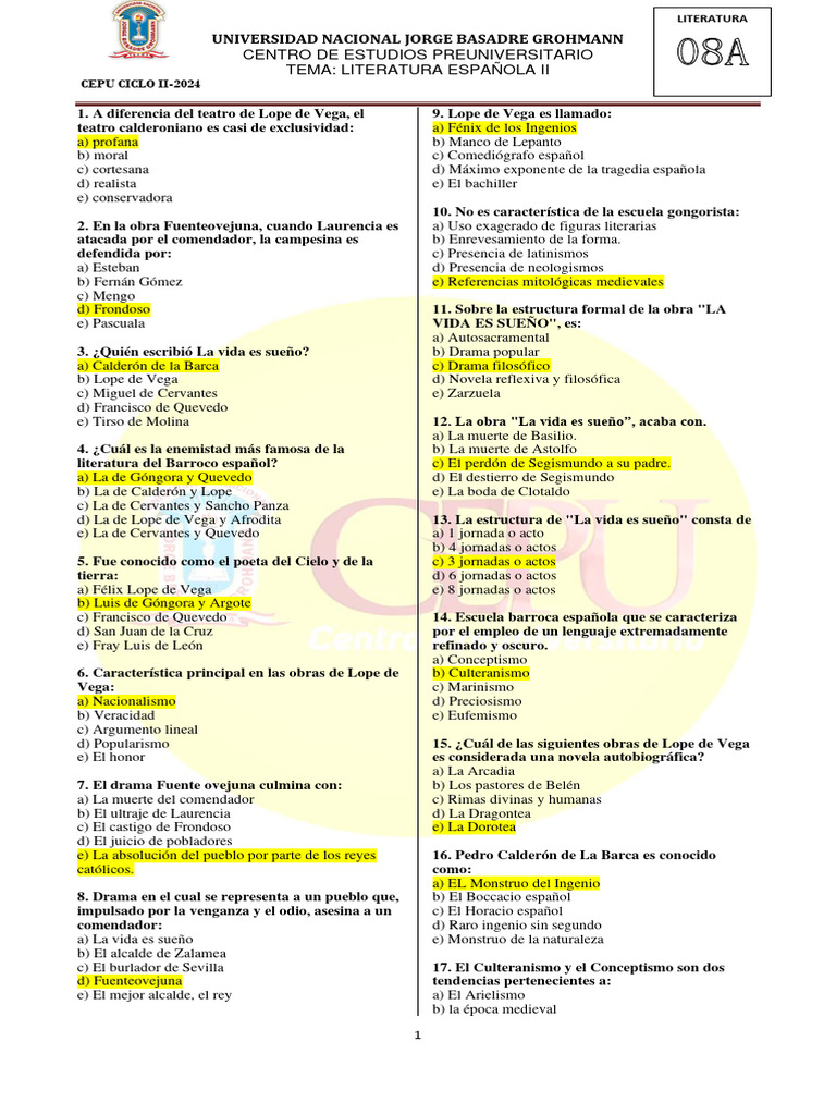 08 A Práctica de Literatura Española II Con Claves Claves Cepu II-2024 | PDF | Miguel De ...