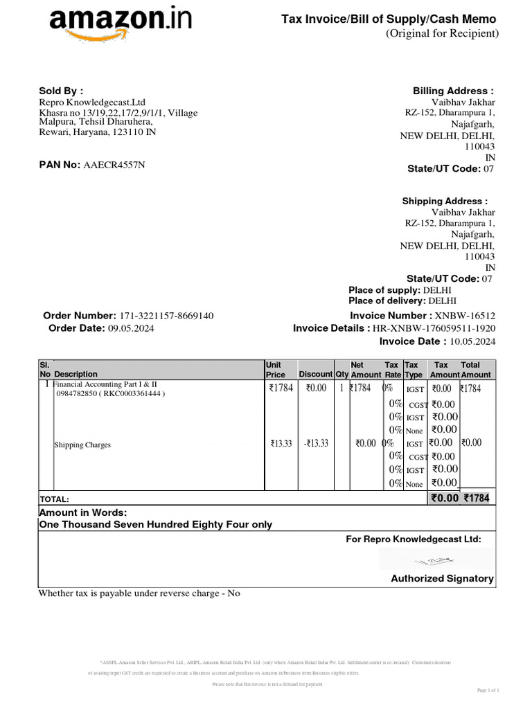 Book Bill Format Amazon | PDF | Invoice | Trade