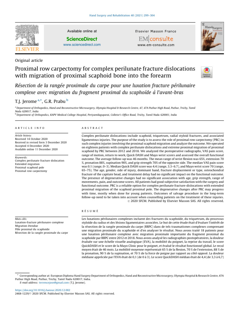 Proximal Row Carpectomy for Complex Perilunate Fracture Dislocations ...