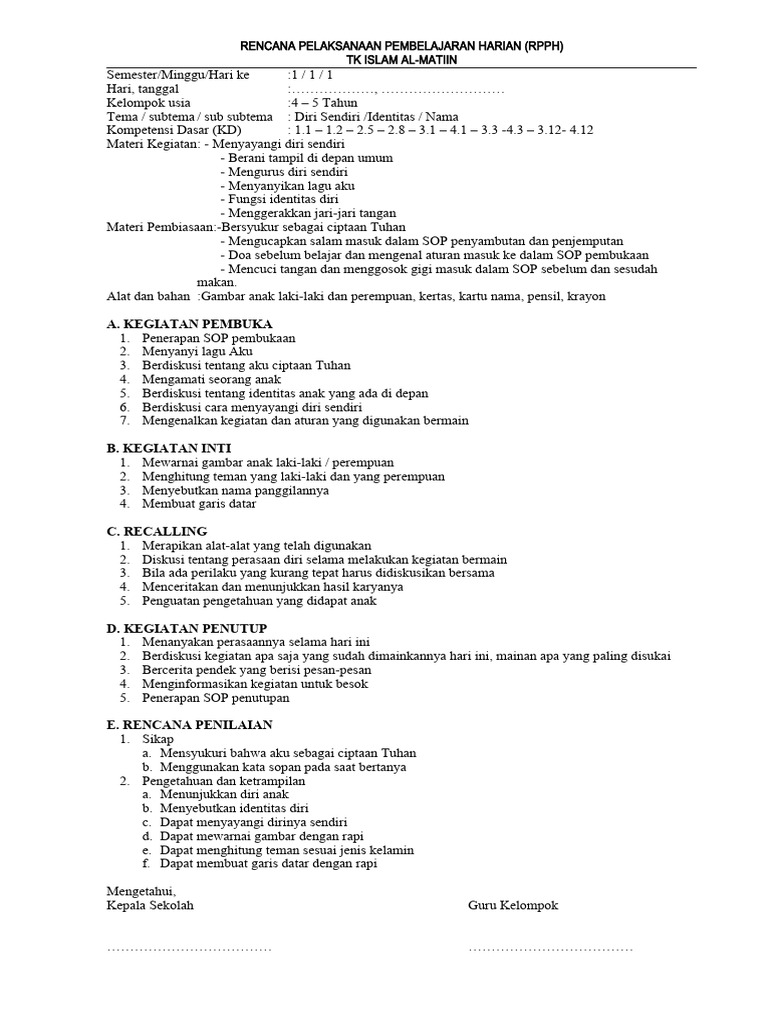 RPPH TK-A SMT1 Minggu - 01 - Identitas Diri | PDF