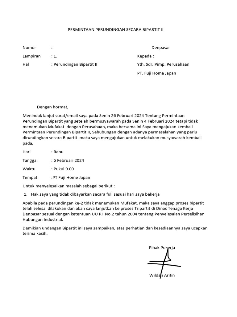 Surat Permintaan Perundingan Secara Bipartit II | PDF
