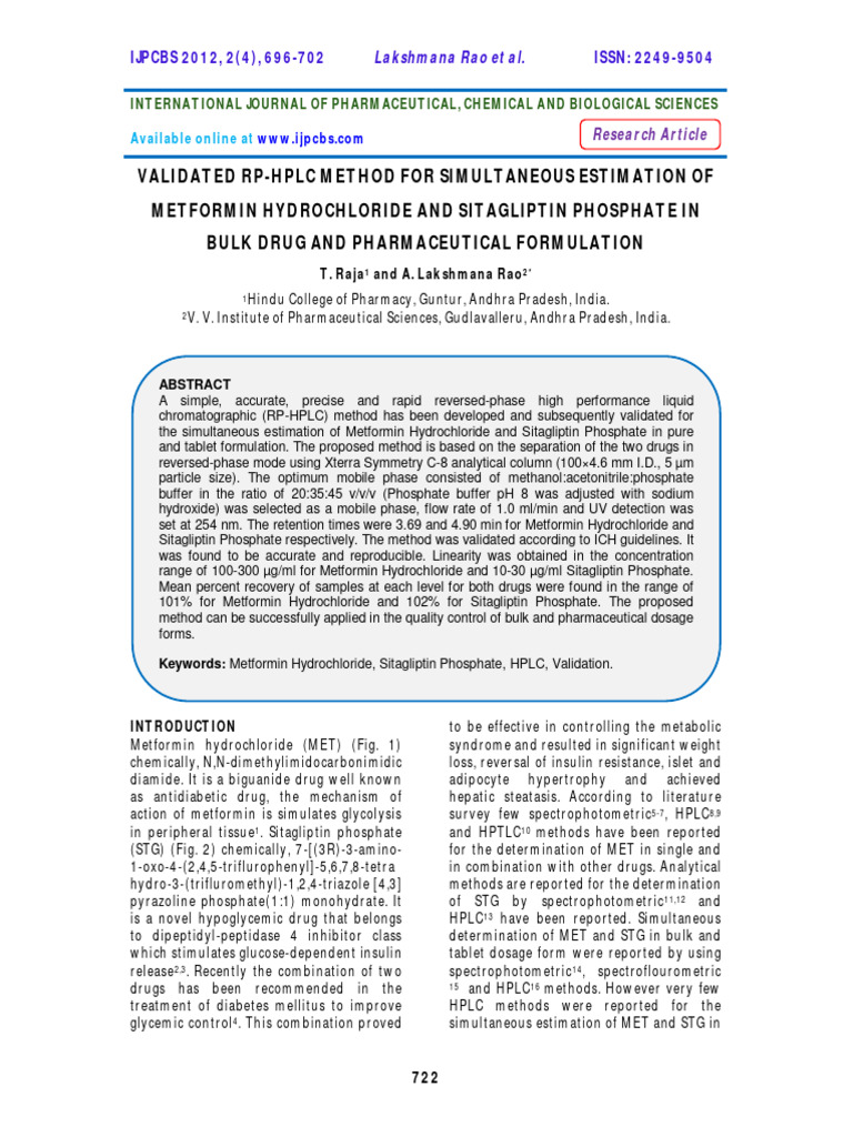 Validated RPHPLC Method For Simultaneous Estimation of Metformin Hydrochloride and Sitagliptin ...