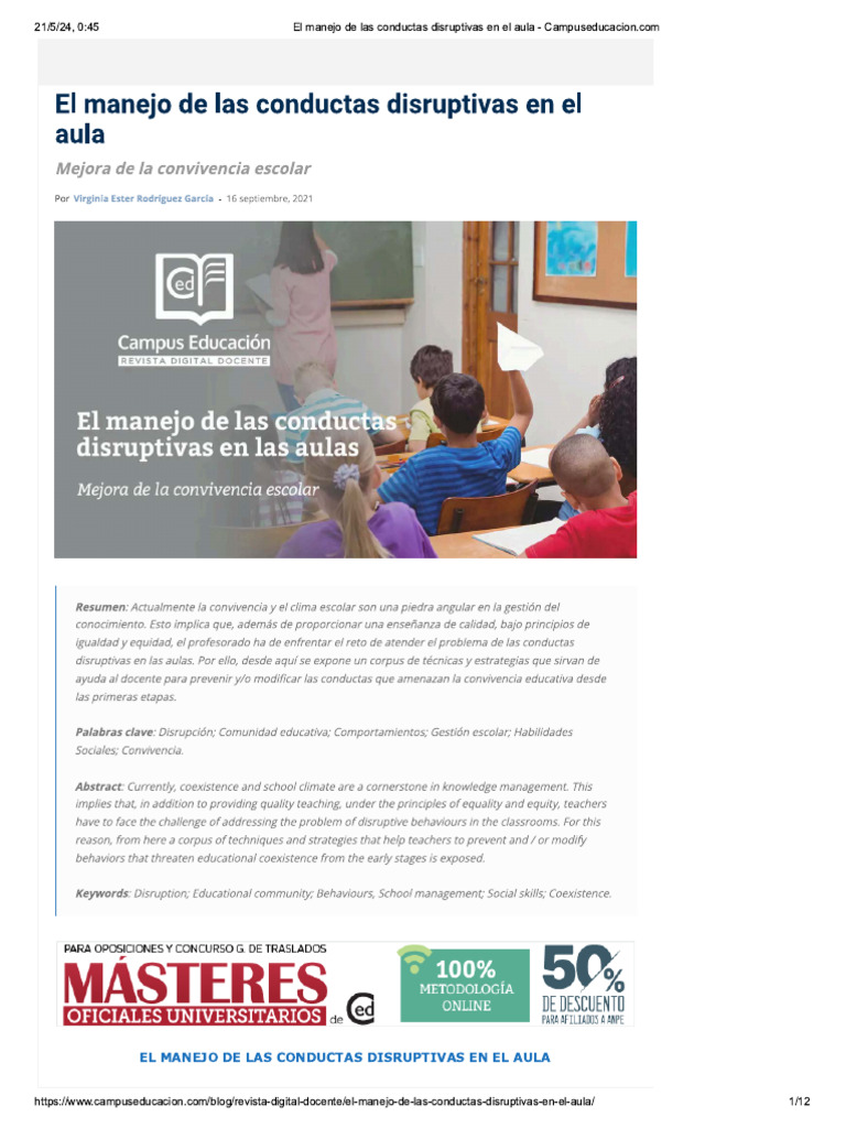 El Manejo de Las Conductas Disruptivas en El Aula - Campuseducacion | PDF
