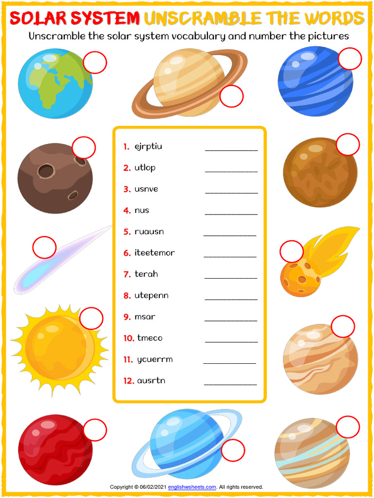 Solar System Vocabulary Esl Unscramble The Words Worksheet For Kids | PDF