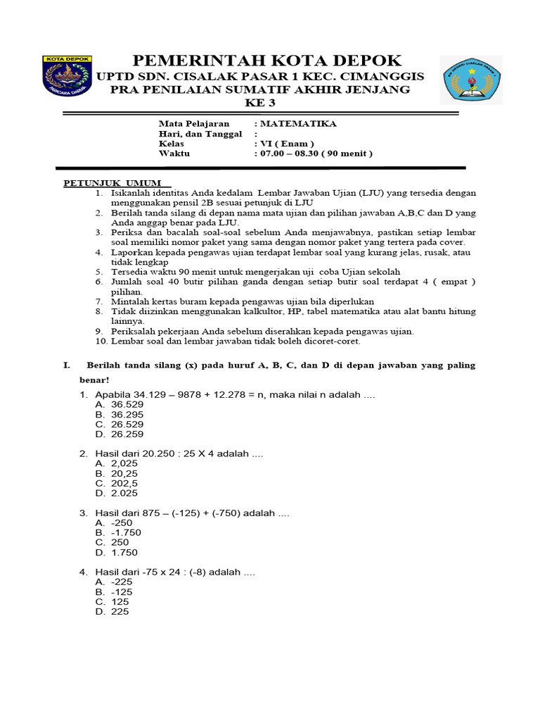 Soal Pra Psaj Ke 3 MTK 2024 | PDF
