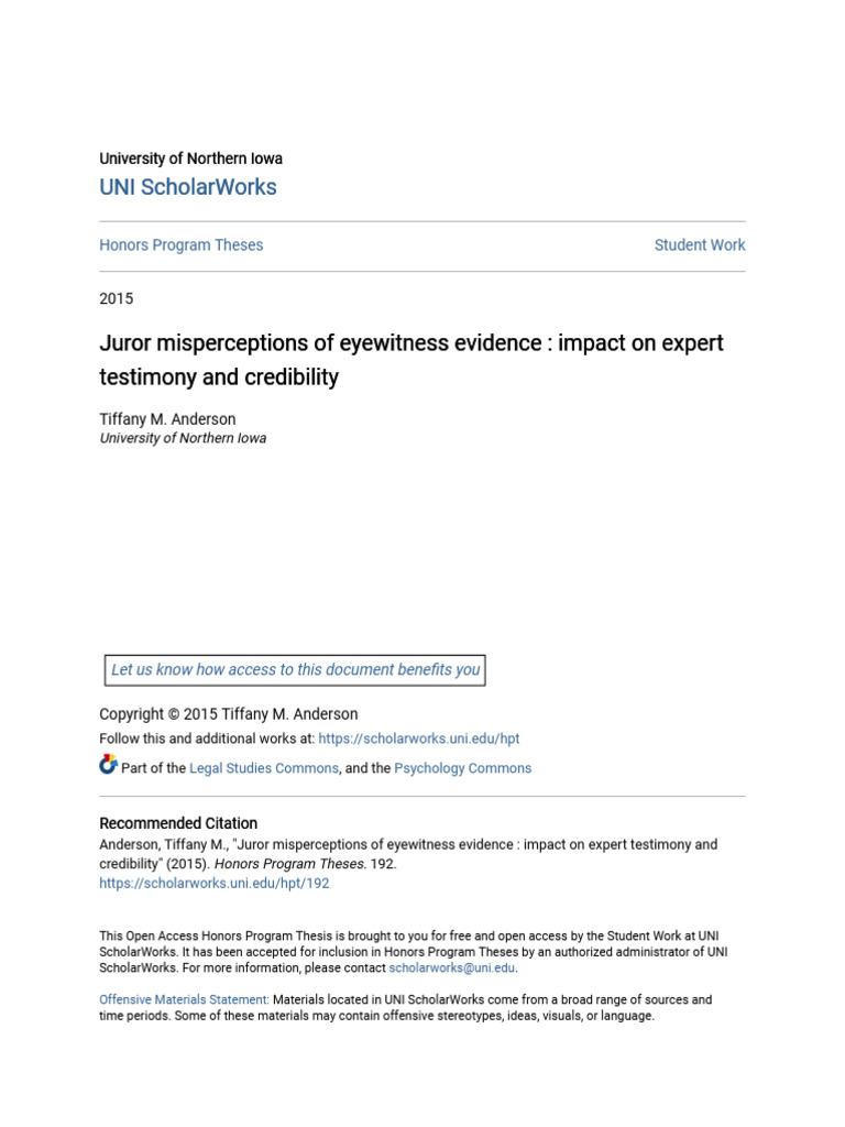 Juror Misperceptions of Eyewitness Evidence - Impact On Expert Te | PDF | Witness | Expert Witness