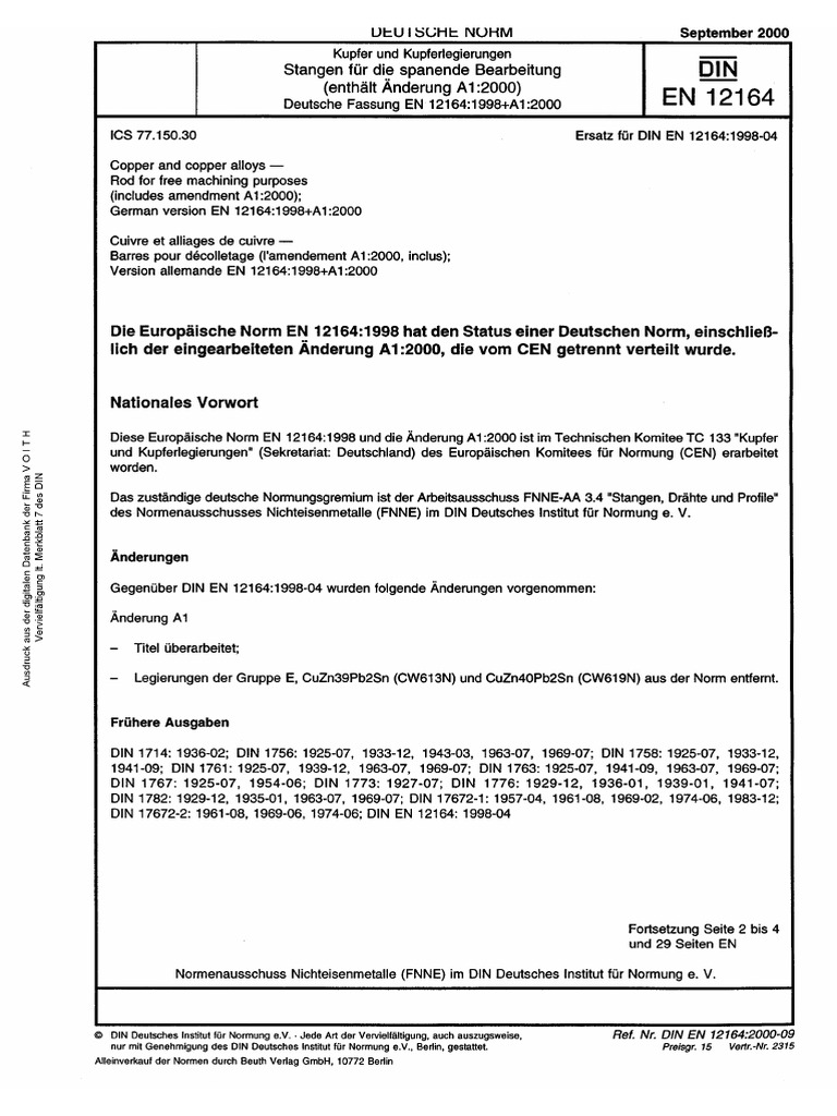 Din en 12164 2000 铜及铜合金 快削加工用杆材 副本 | PDF