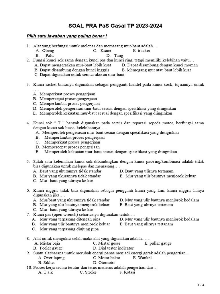 Soal K-TKR (TDO-PDO) Pra PaS SMK Kelas 20 | PDF