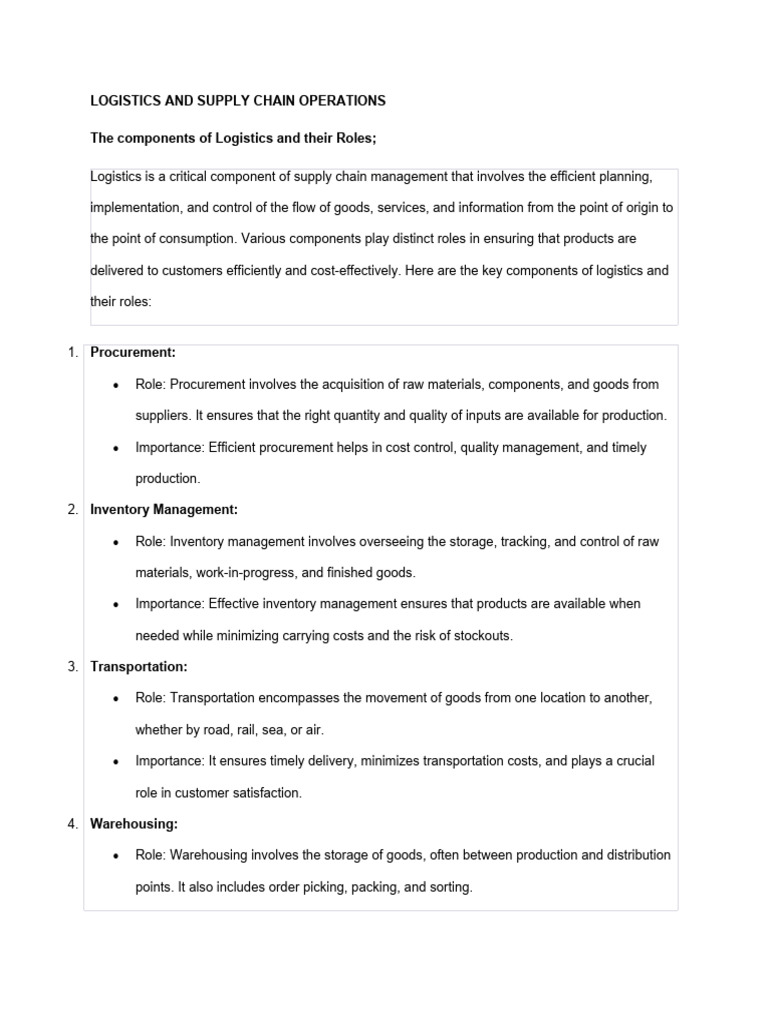 Components of Logistics and Their Roles | PDF | Logistics | Warehouse