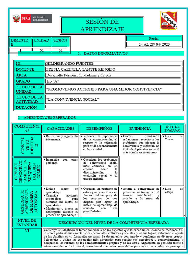Ii DPCC 1° Sesión #02 (Unidad 02) | PDF | Socialización | Aprendizaje