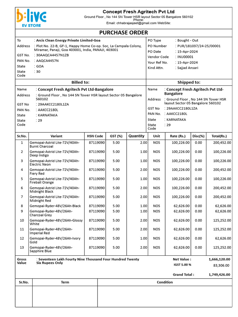 Purchase Order to Arcis Clean Energy | PDF