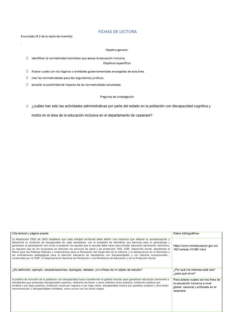 Formato Fichas de Lectura | PDF | Invalidez | Discapacidad intelectual