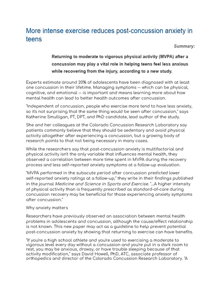 More Intense Exercise Reduces Post-Concussion Anxiety in Teens | PDF ...