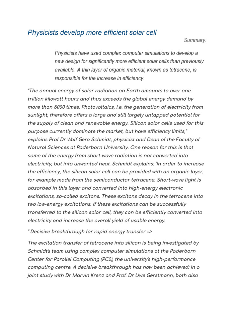 Physicists Develop More Efficient Solar Cell Pdf Solar Cell Silicon