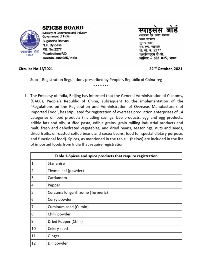 China Registration for Spice Exports | PDF | Turmeric | Spice