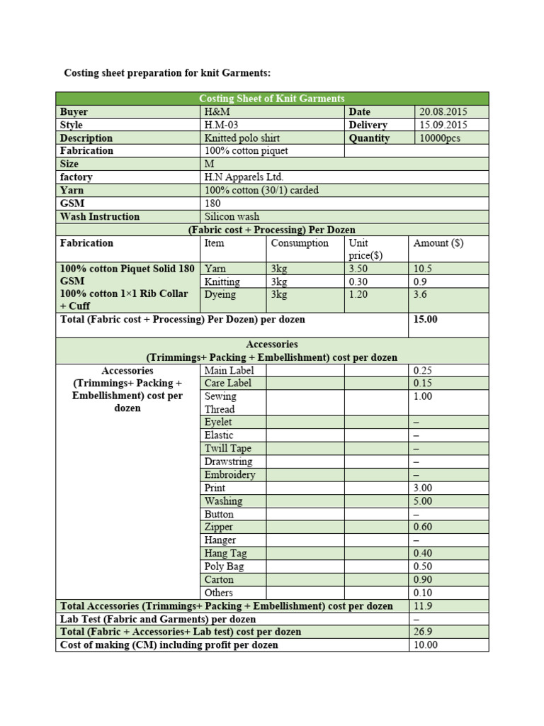 Costing Sheet Preparation For Knit Garments | PDF | Textiles | Knitting