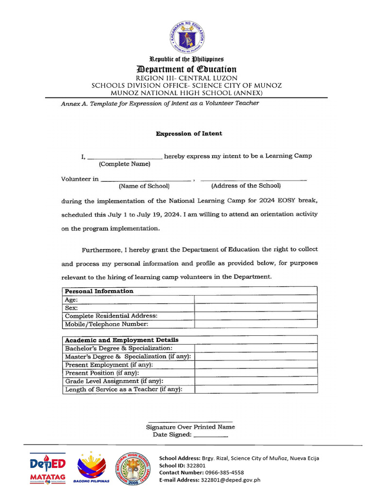 BEIS DepEd Intent Expression Form | PDF | Social Science