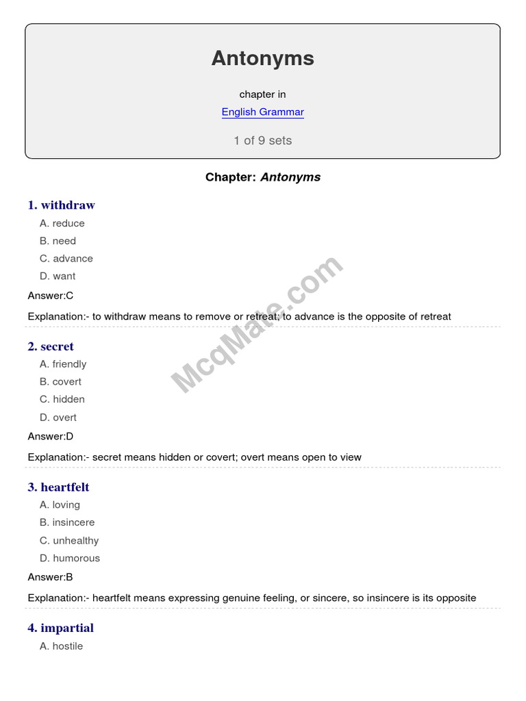 Antonyms English Grammar (Set 1) | Download Free PDF | Courage