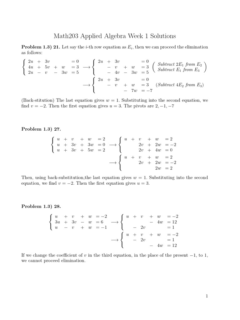 Math203 Applied Algebra Week 1 Solutions | PDF | Equations | Linear Algebra