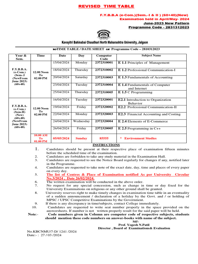 Revised Time Table of FYBBA - E-Com. Sem-I, II New EXAM To Be Held in April May 2024 | PDF