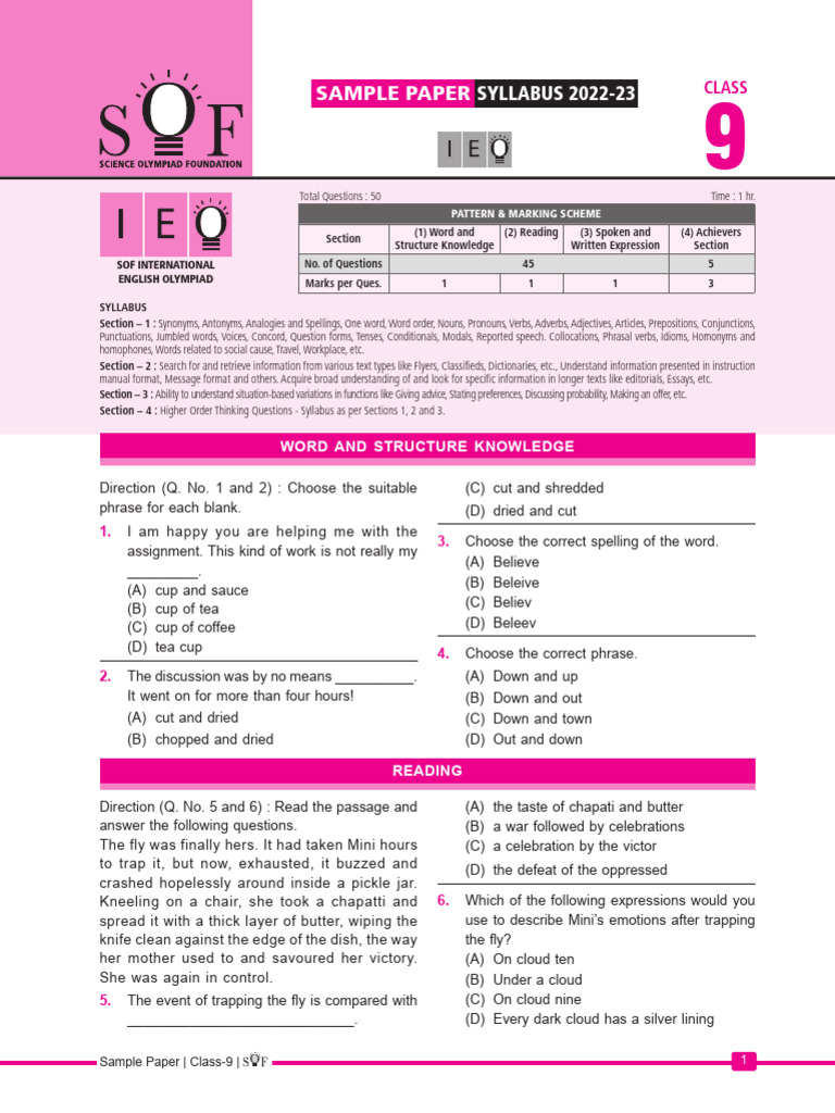 Ieo Sample Paper Class-9 | PDF | Word | Verb
