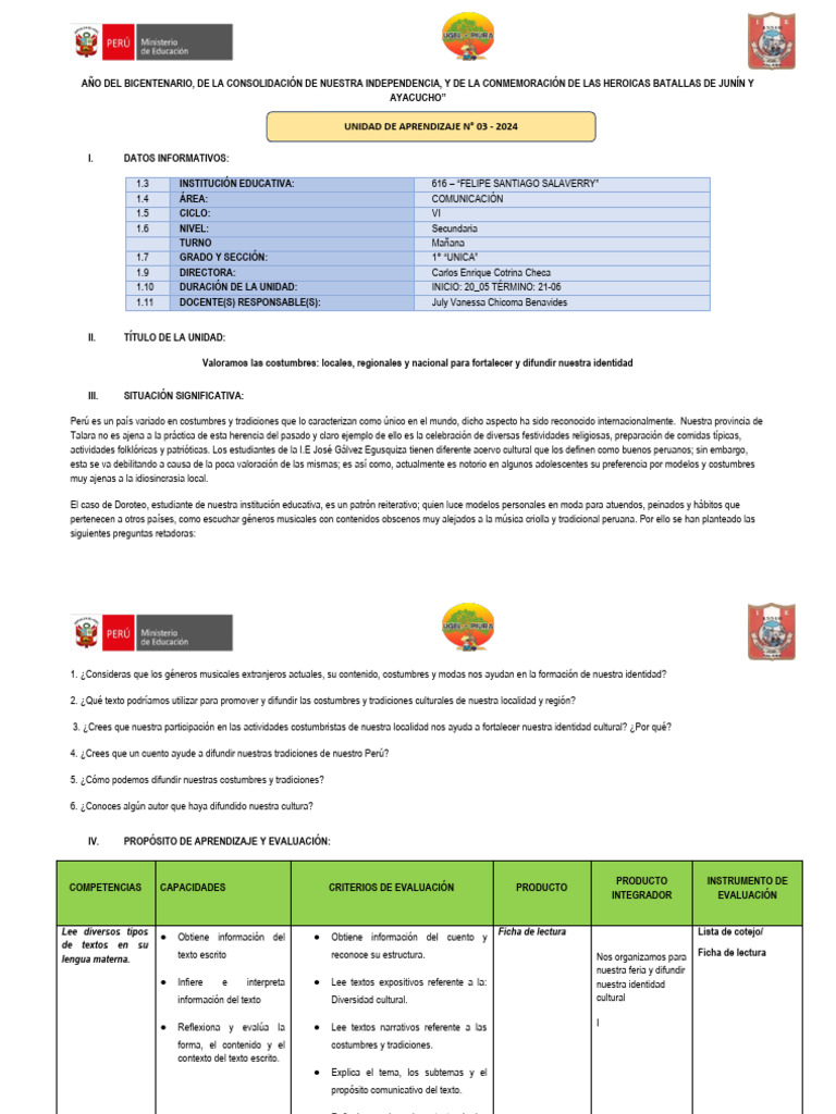 Iiiunidad de Aprendizaje - 2024 Primero | Descargar gratis PDF | Evaluación | Aprendizaje