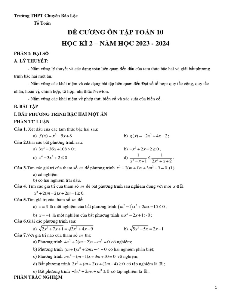 De Cuong Toan 10 Hoc Ki 2 Nam 2023 2024 Truong THPT Chuyen Bao Loc Lam Dong | PDF
