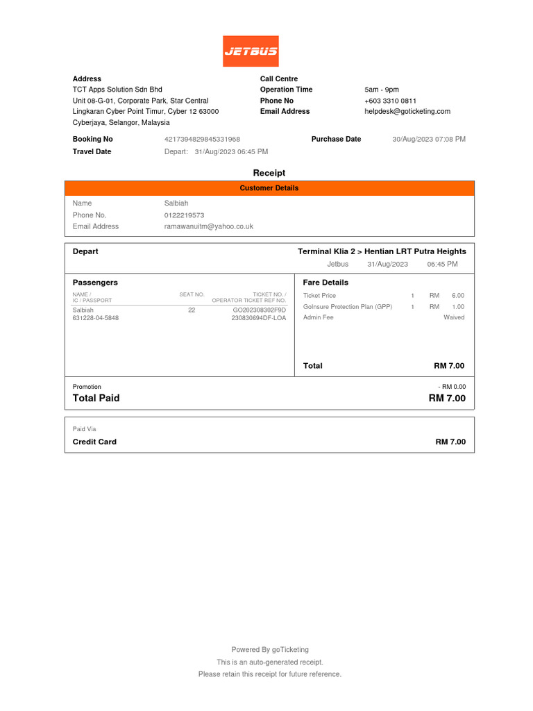 GoTicketing Receipt for Bus Booking | PDF | Banking Technology | Payments