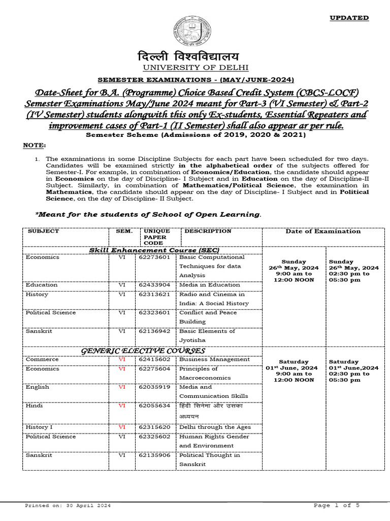 SOL Datesheet | PDF | Economics | Science