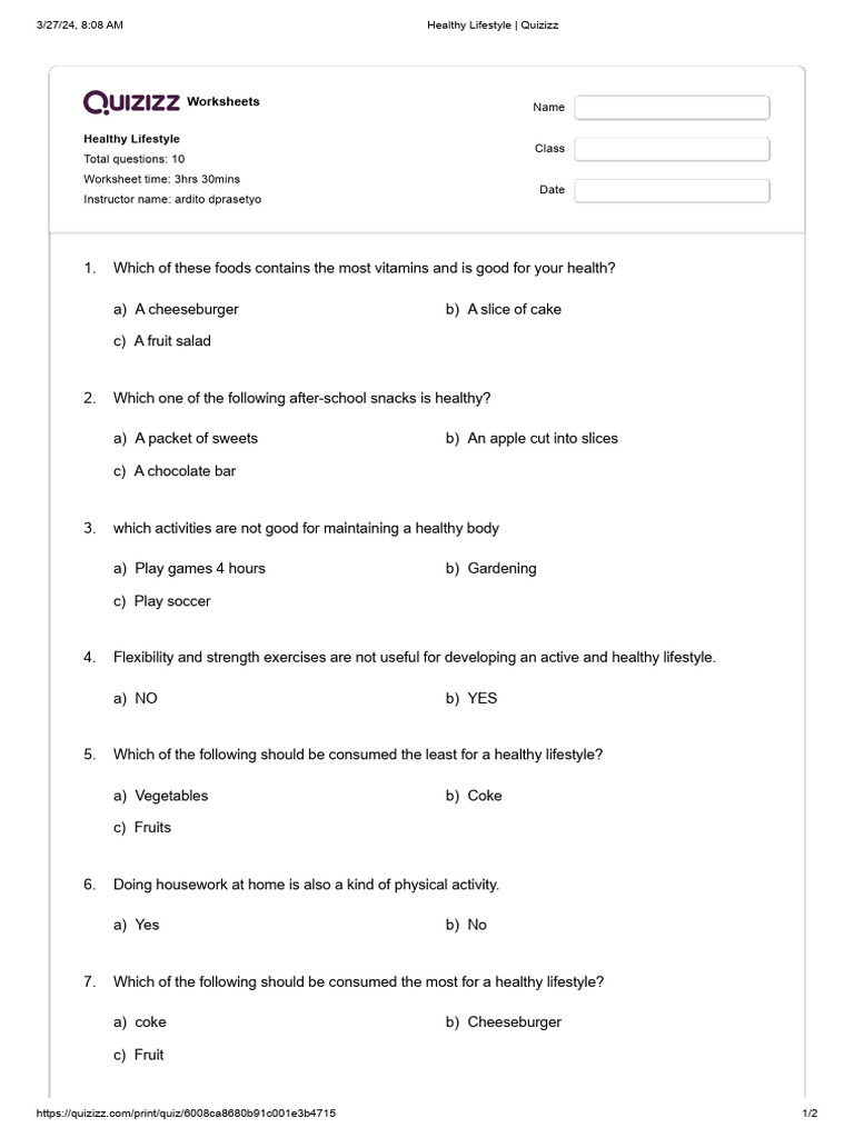 Healthy Lifestyle Quiz Questions | PDF | Health Promotion | Foods