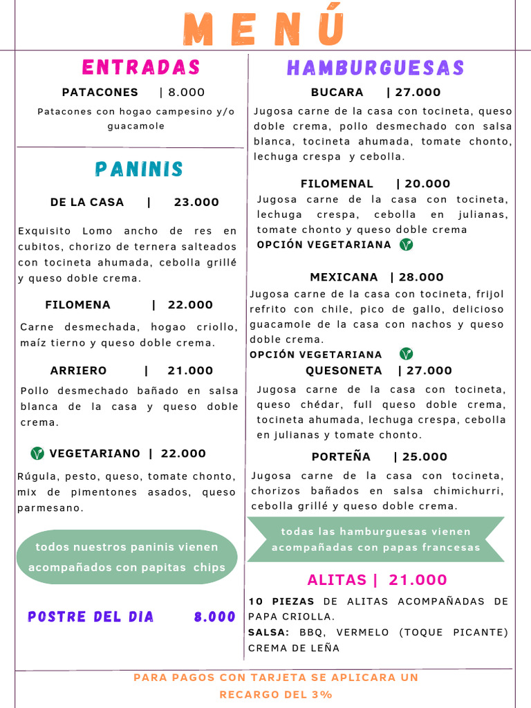 Menú Filomena | PDF | Hamburguesas | Alimentos