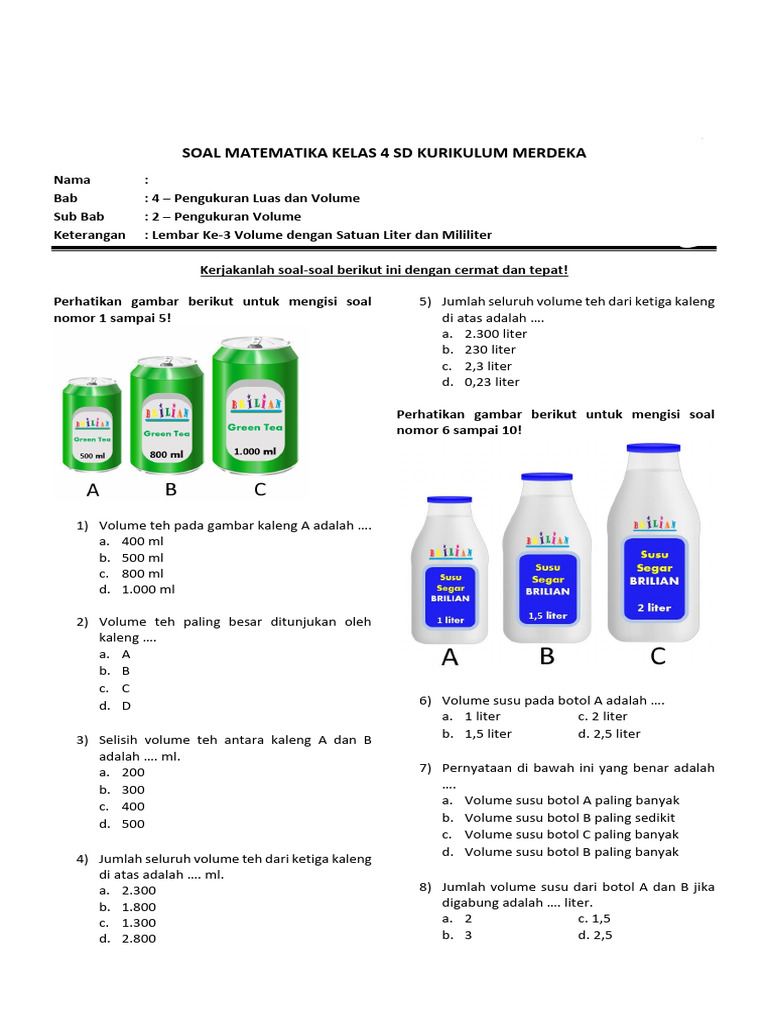 Soal Matematika Kelas 4 SD Bab Volume Liter Dan Mililiter | PDF