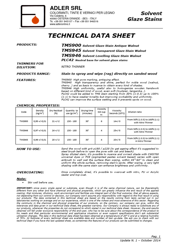 TMS - Solvent Glaze Stains - PLC42 - ST - EN - Rev01 | PDF | Materials