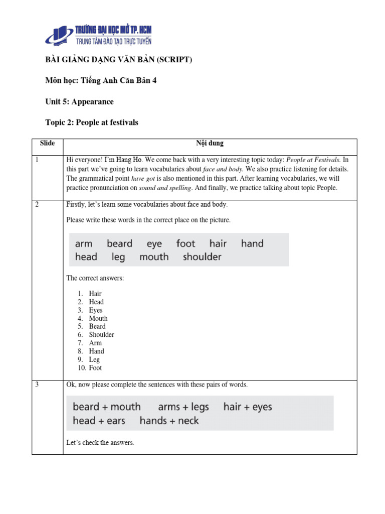 Bài Giảng Dạng Văn Bản (Script) Môn học: Tiếng Anh Căn Bản 4 Unit 5: Appearance Topic 2: People ...
