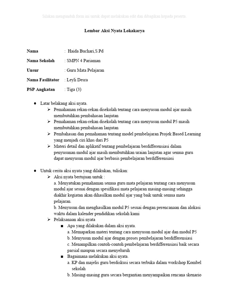 Lembar Aksi Nyata Lokakarya (HB) (2) | PDF